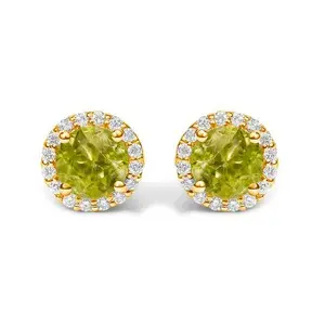 HAUS OF BRILLIANCE 10k Gold Gemstone And Diamond Halo Stud Earrings - Yellow | Green Peridot